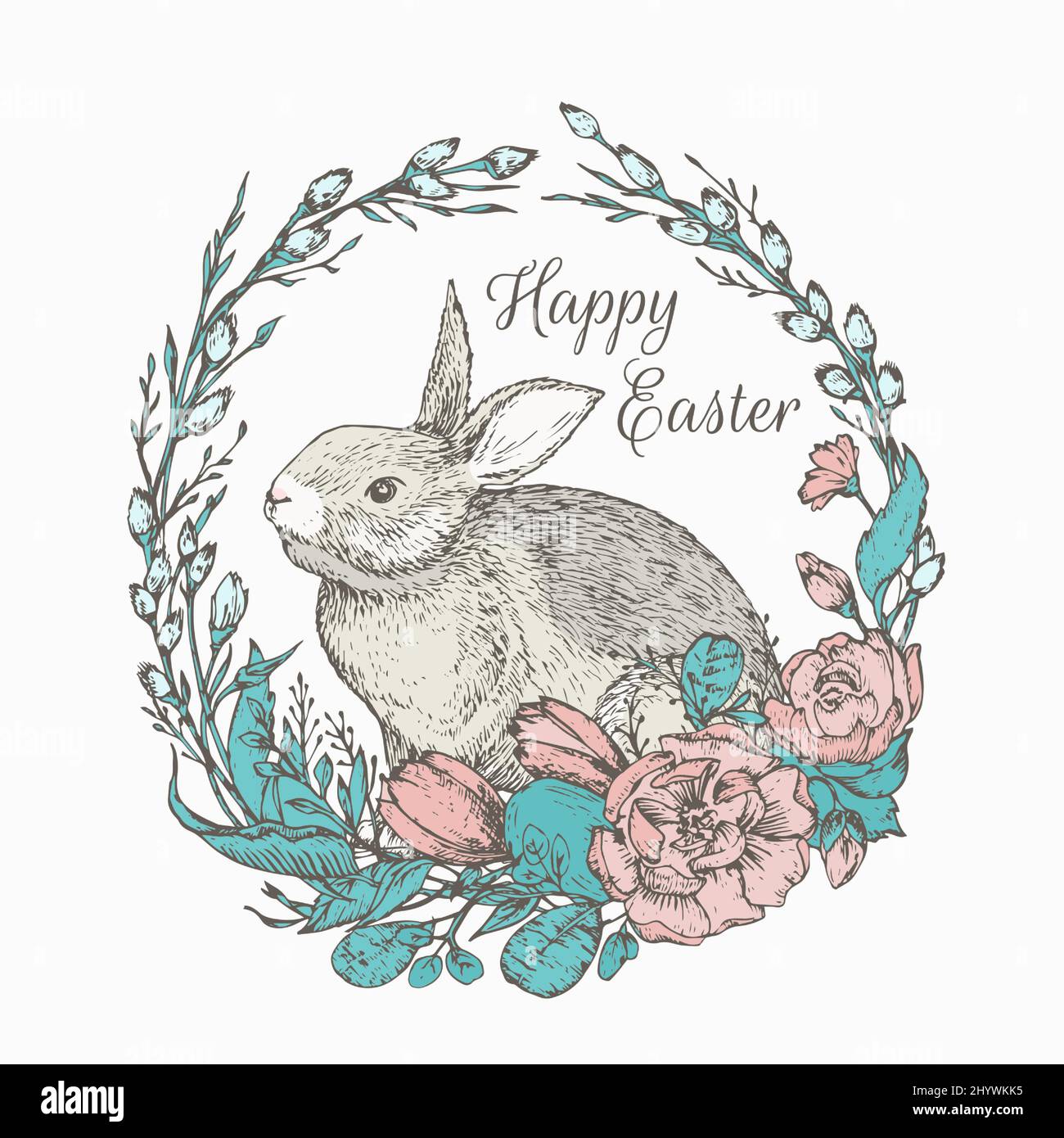 Hand Drawn Cute Easter Bunny in a Flowers Wreath Color Vector ...