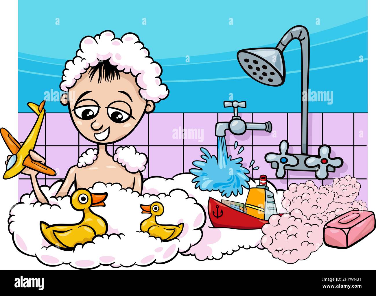 Cartoon illustration of cute little boy taking a bath with toys Stock ...