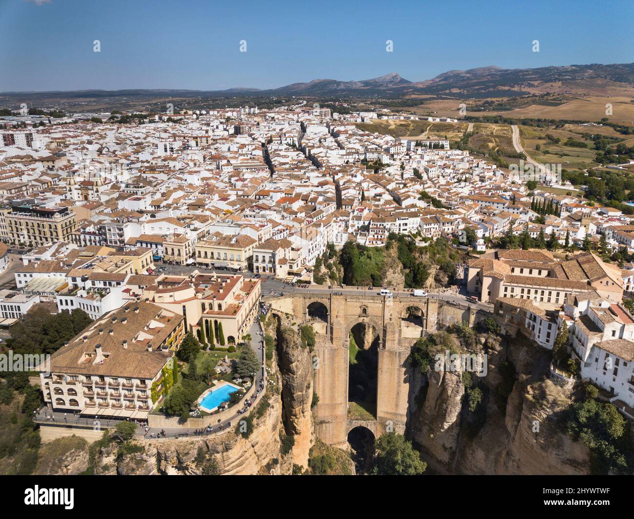 Aerial view of Ronda landscape and buildings with Puente Nuevo Bridge, Andalusia, Spain Stock ...
