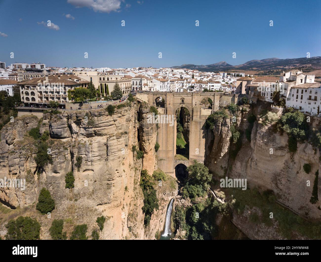 Aerial view of Ronda landscape and buildings with Puente Nuevo Bridge ...