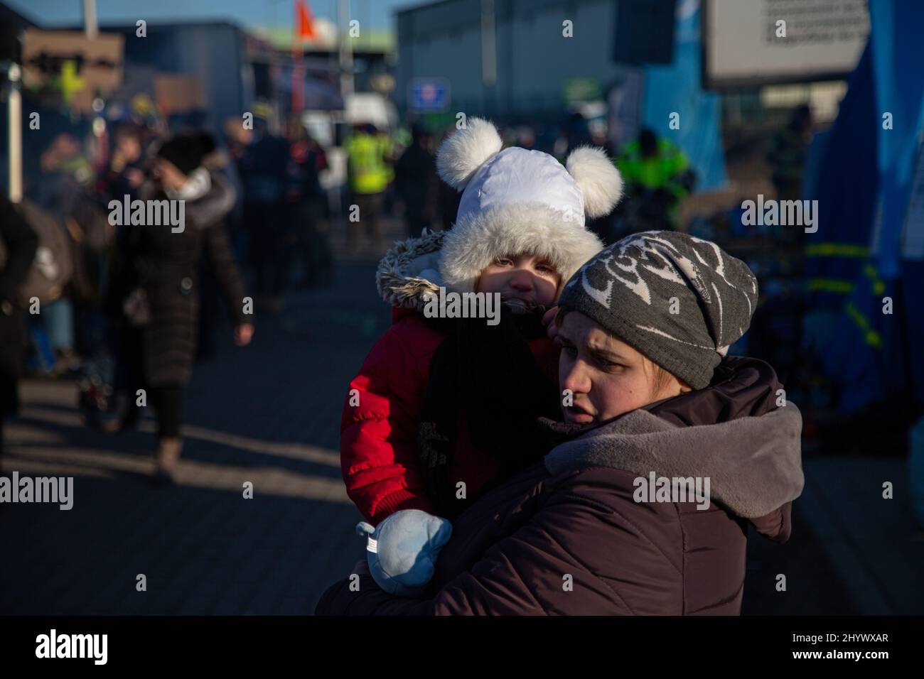 (3/11/2022) Ukrainian refugees at the border of Medyka, Poland. Russian ...