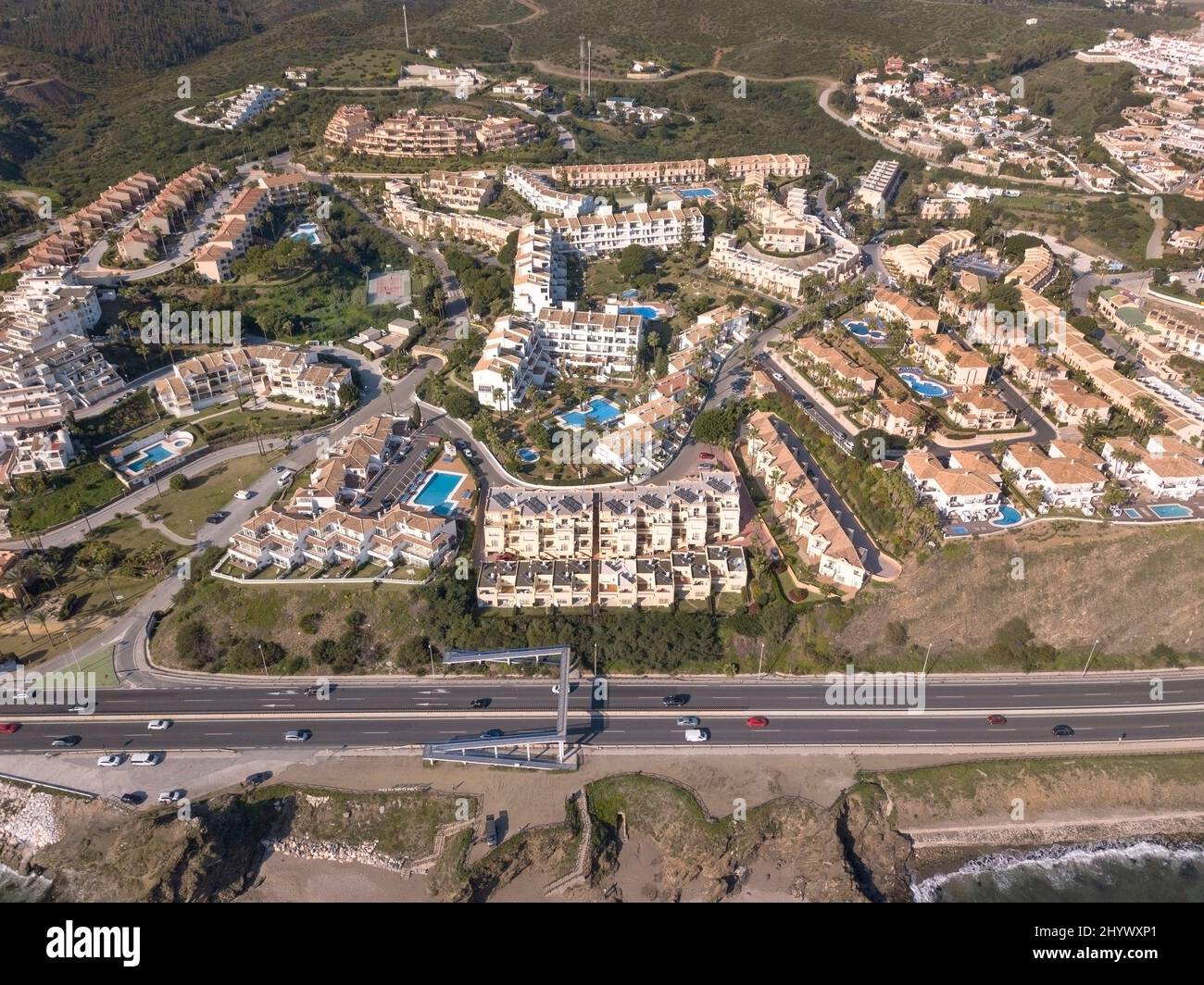 Aerial view of Mediterranean highway and luxury resorts in Spain Costa ...