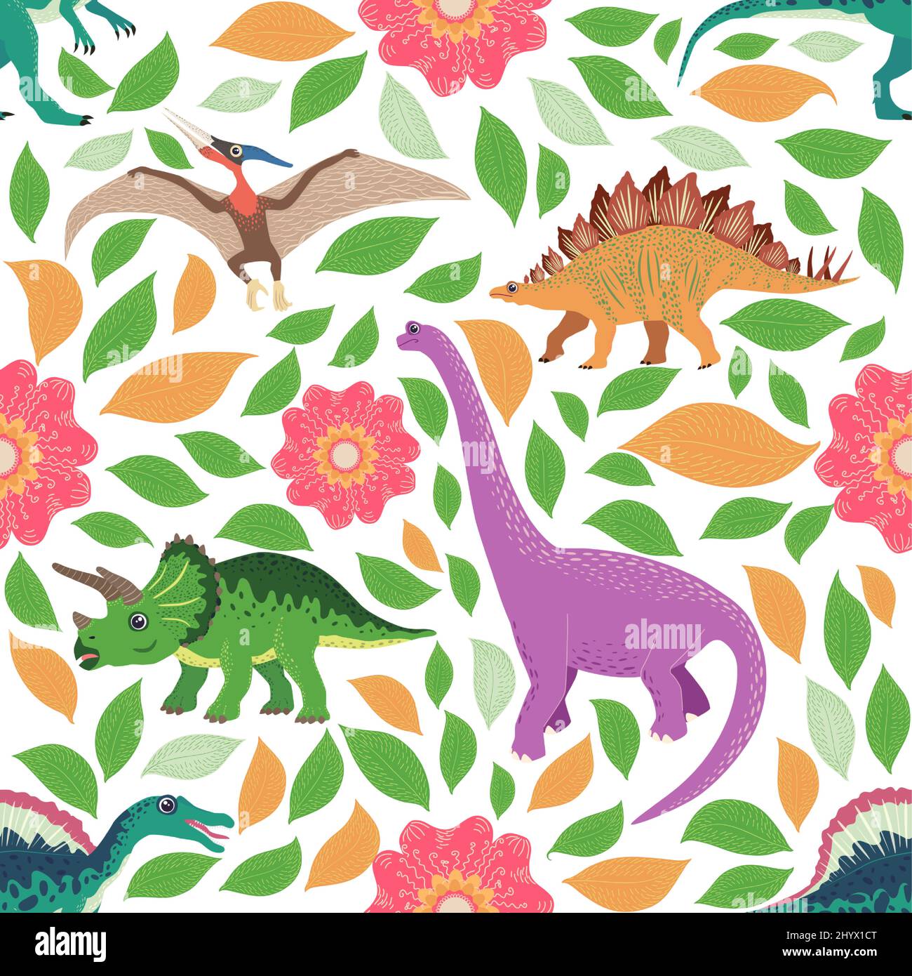 Hand drawn seamless pattern with dinosaurs and tropical leaves and ...