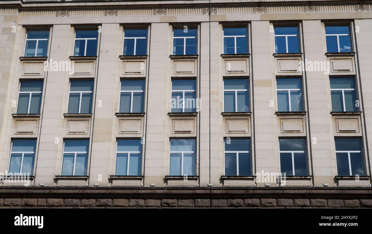 The facade of architectural monumental with glass windows in Sofia ...