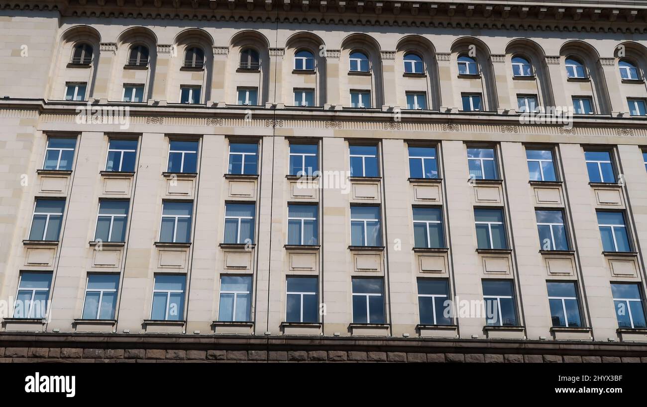 Facade of architectural monumental with glass windows in Sofia ...