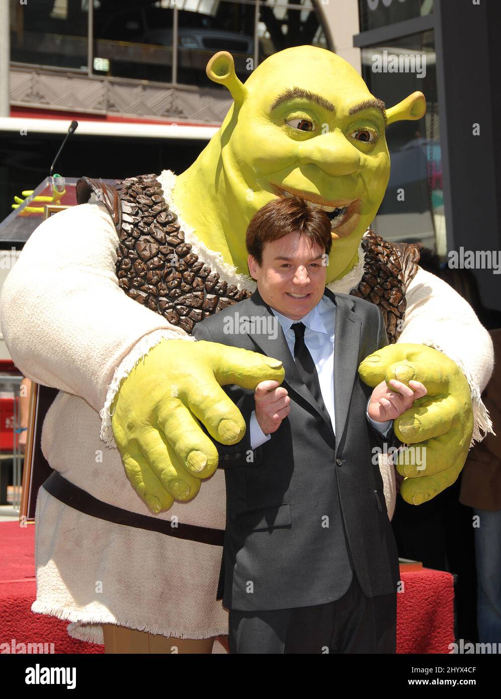 Mike Myers and Shrek at a ceremony where Shrek is honored with a star ...