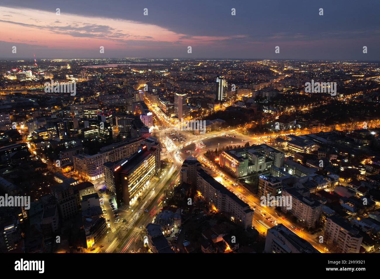 Aerial view of cityscape in Bucharest, Romania at night Stock Photo - Alamy