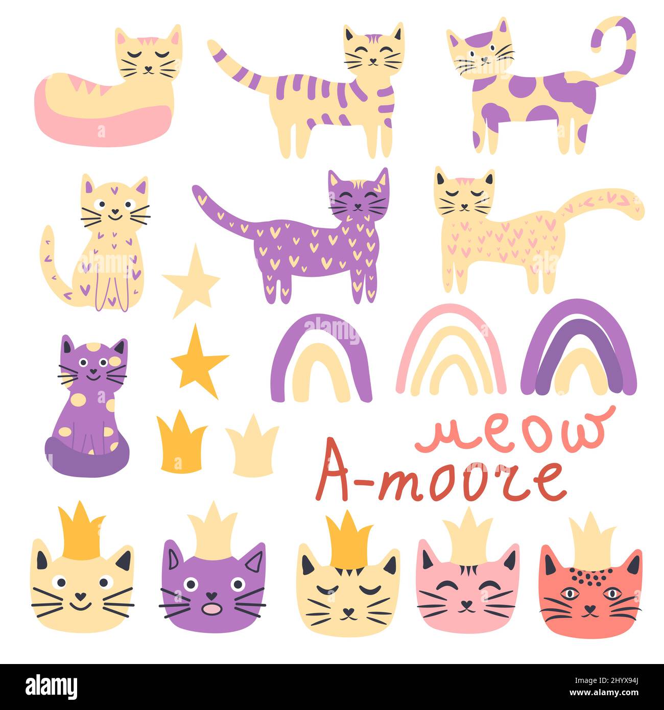 Cat princess set. Cute princess cats, little kitty. Girlish print Stock ...