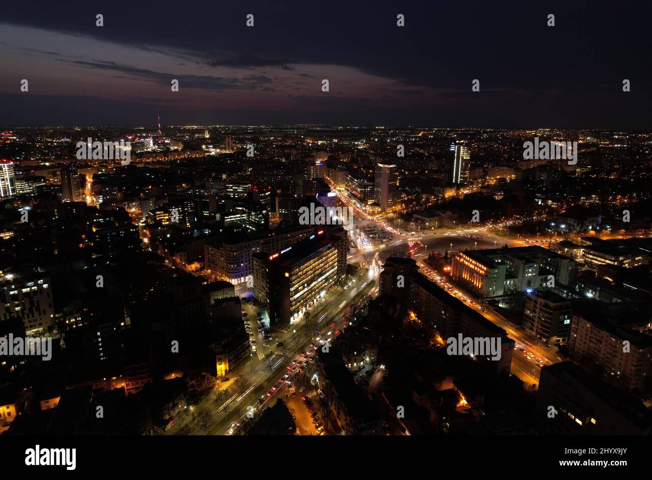 Aerial view of cityscape in Bucharest, Romania at night Stock Photo - Alamy