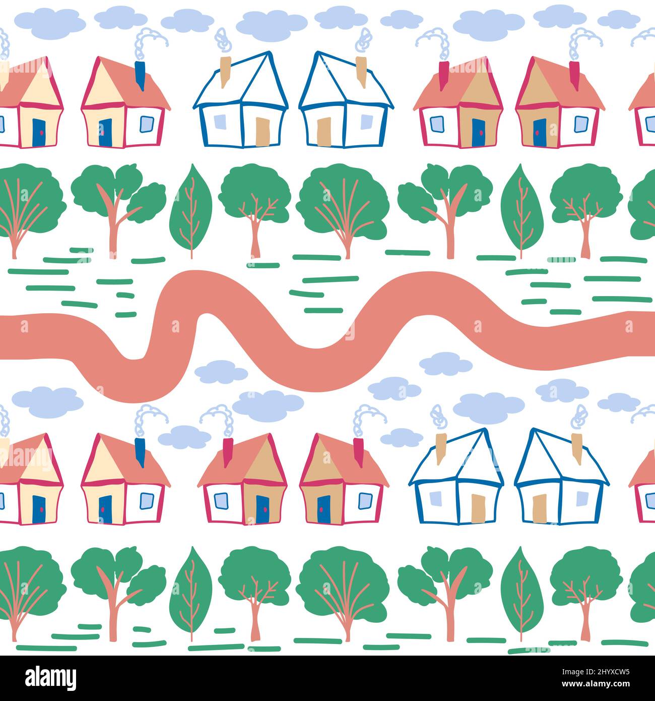 Pattern seamless kids with home doodle coloring element. house pattern ...