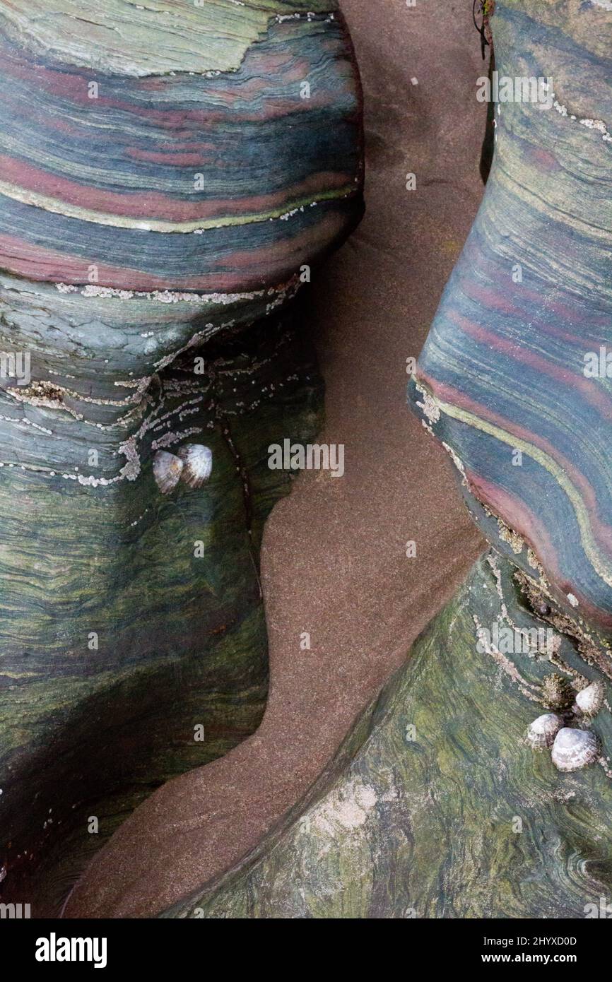 Abstract photograph of colourful patterned rocks, showing detail of the ...