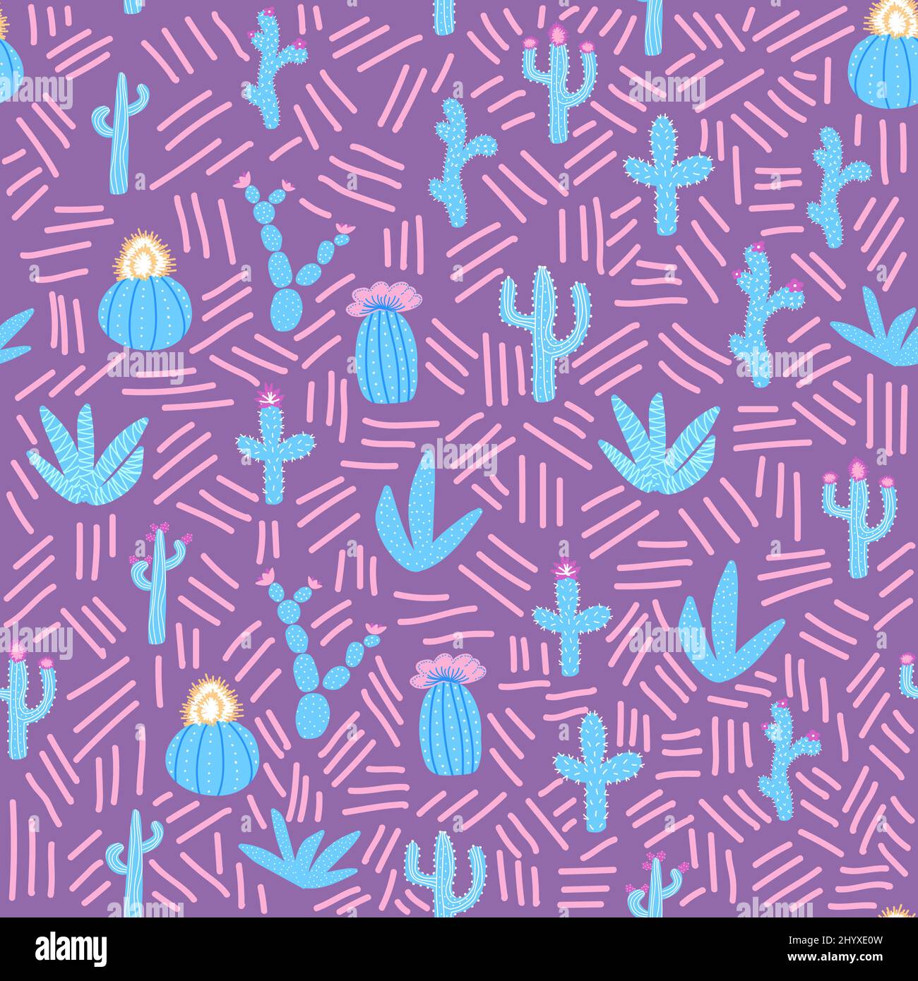 Seamless patterns with different cacti. Bright repeating texture with blue cacti. Background ...