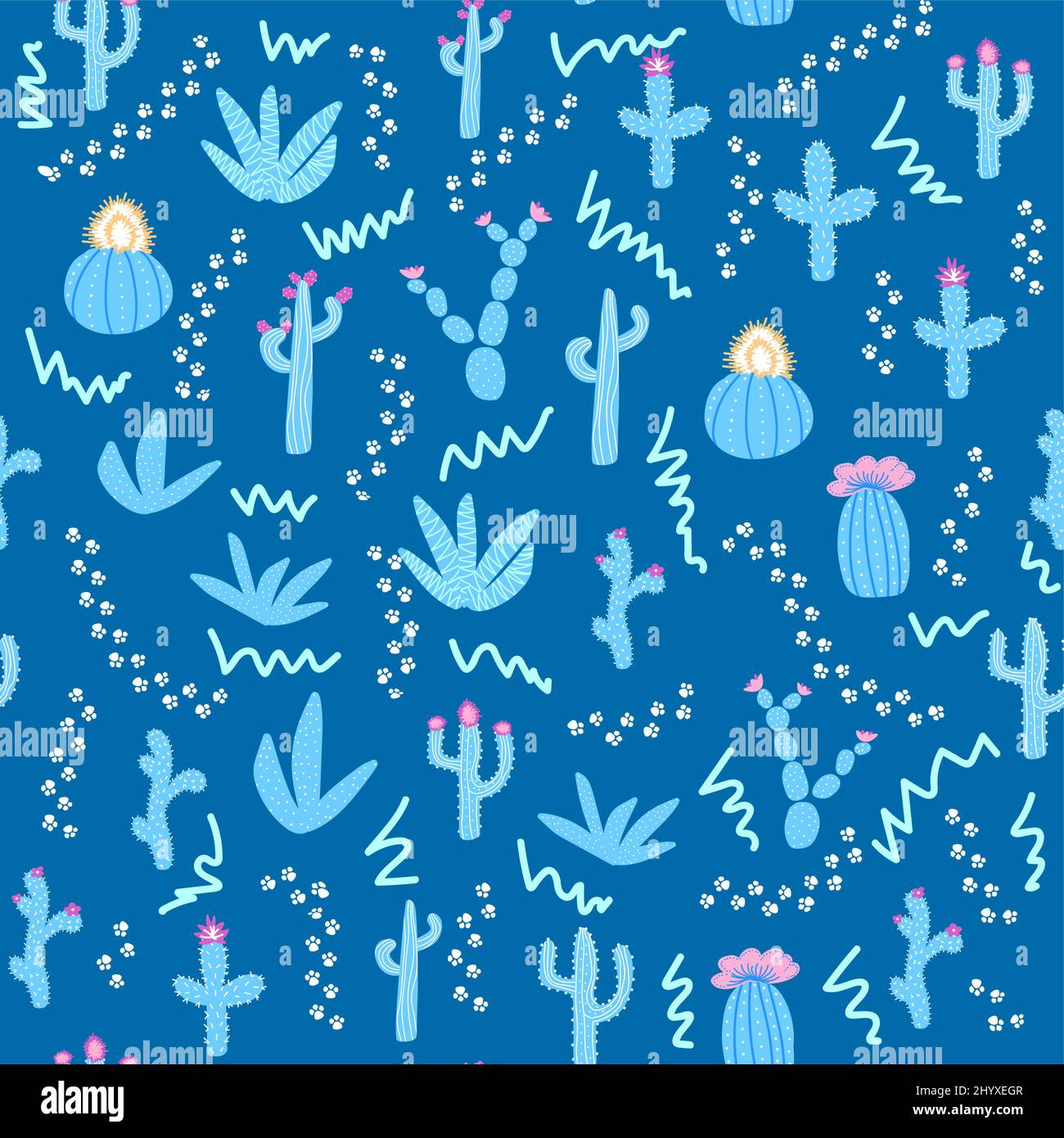 Seamless patterns with different cacti. Bright repeating texture with blue cacti. Background ...