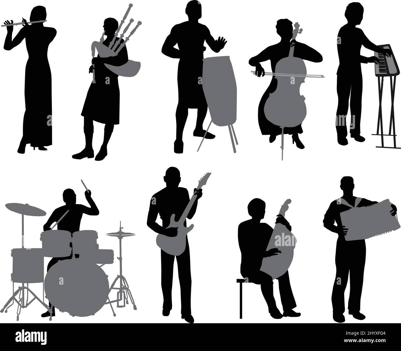 Silhouettes of the musicians playing musical instruments Stock Vector ...