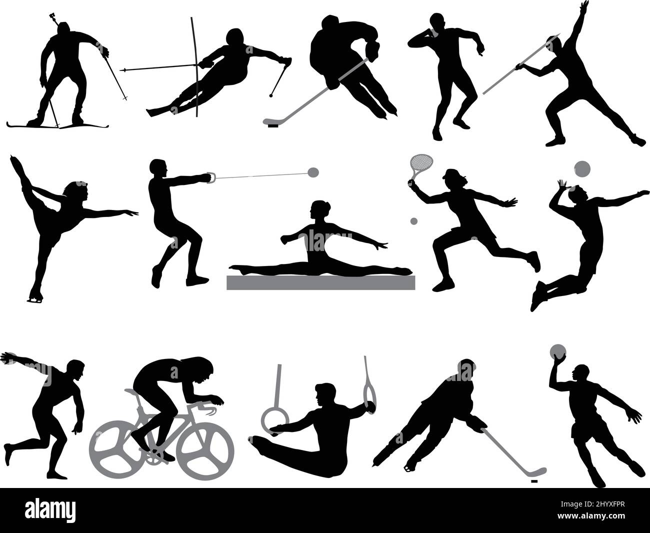 Silhouettes of athletes on trainings and competitions, a collection of ...