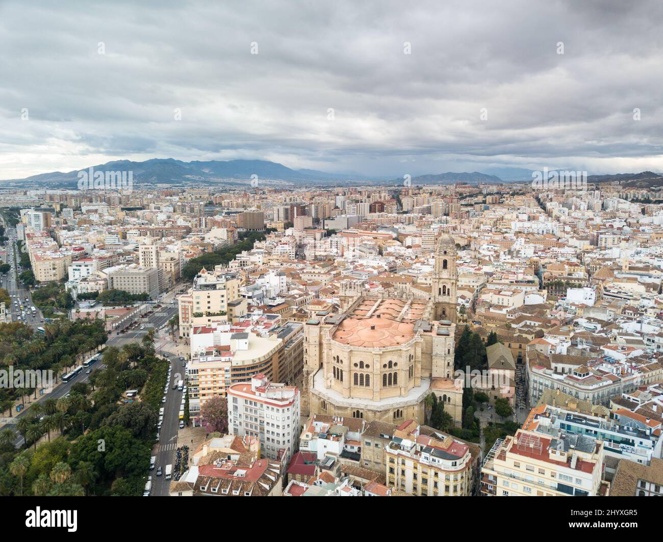 Aerial drone perspective of Andalusian city Malaga, touristic travel ...