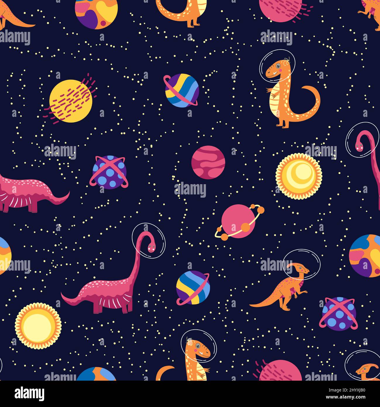 Dino in space seamless pattern. Cute dragon characters, dinosaur ...