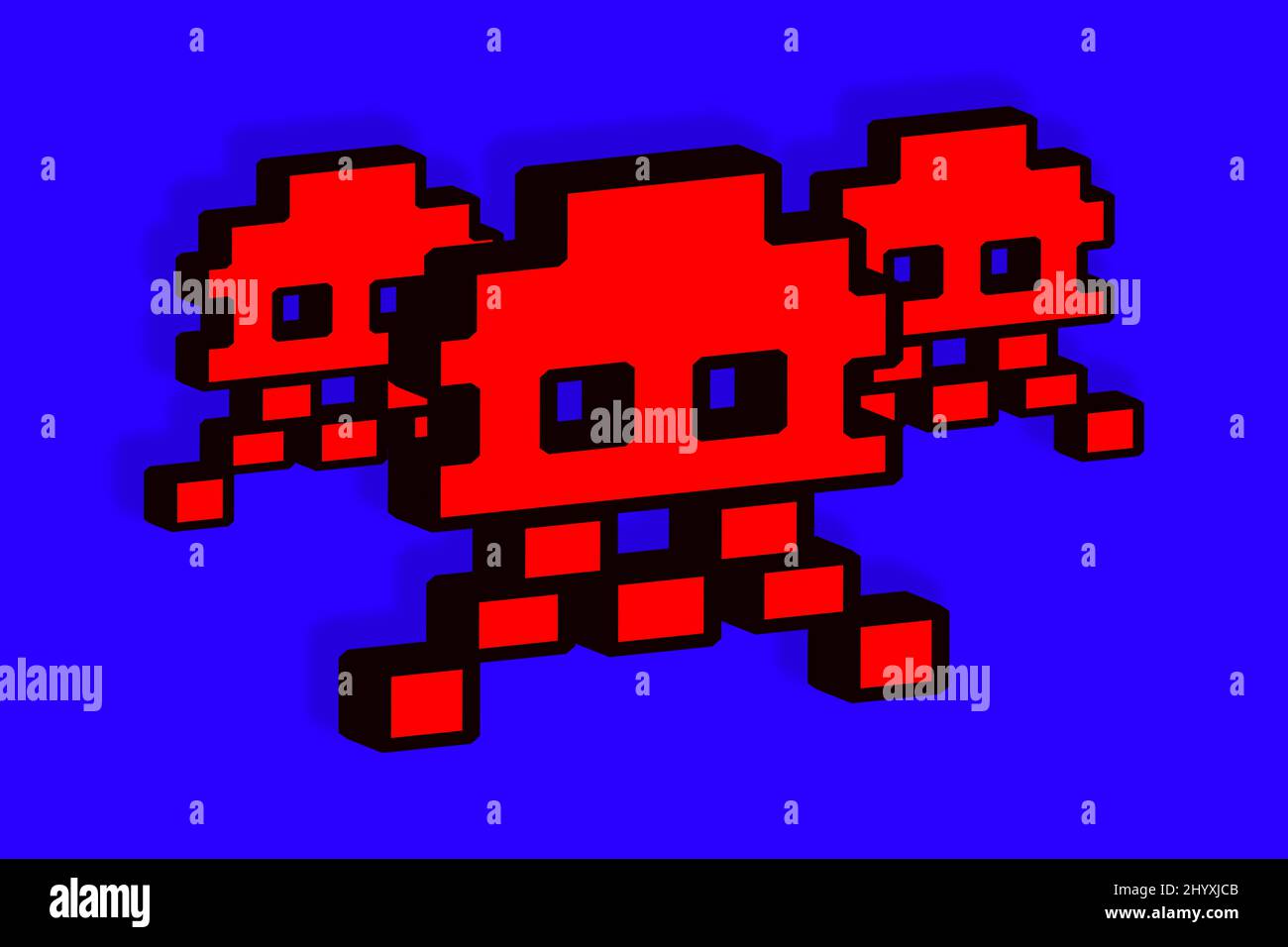 Nostalgic Vintage 80's Retro Pixel art, three giant red alien invaders ...