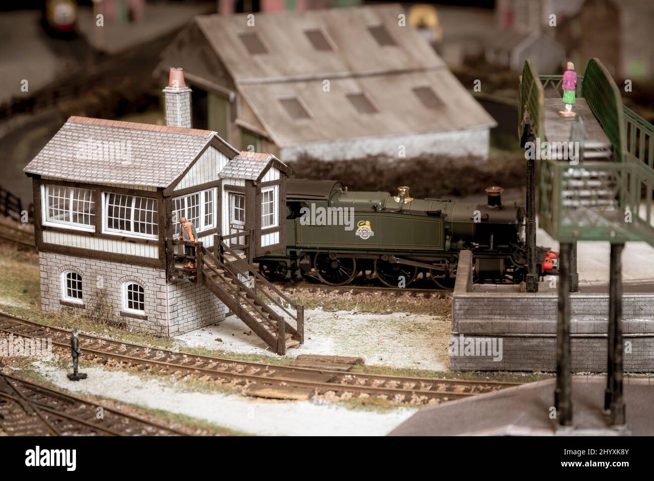 Model Railway layout with Signal Box and locomotives Stock Photo - Alamy