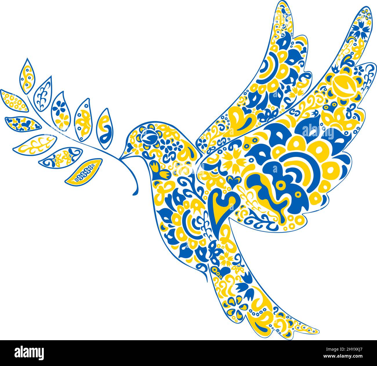 Folk art illustration dove of peace sign in Ukrainian flag colors and ...