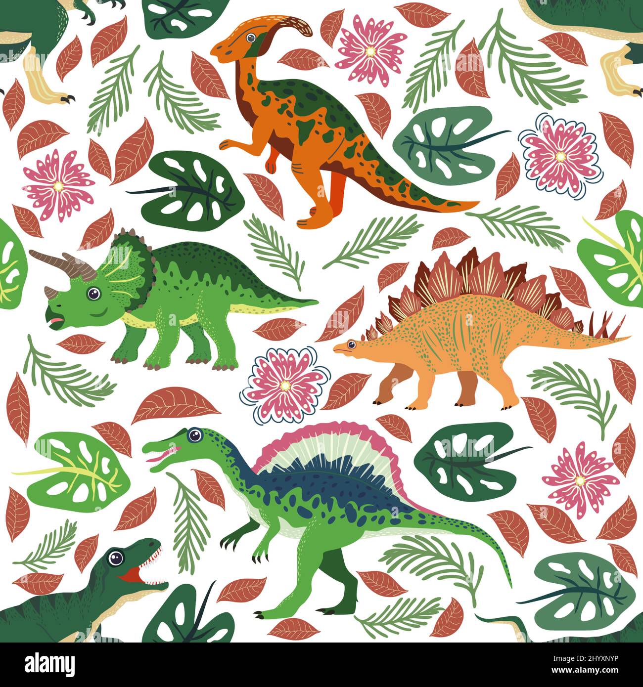 Hand drawn seamless pattern with dinosaurs and tropical leaves and ...