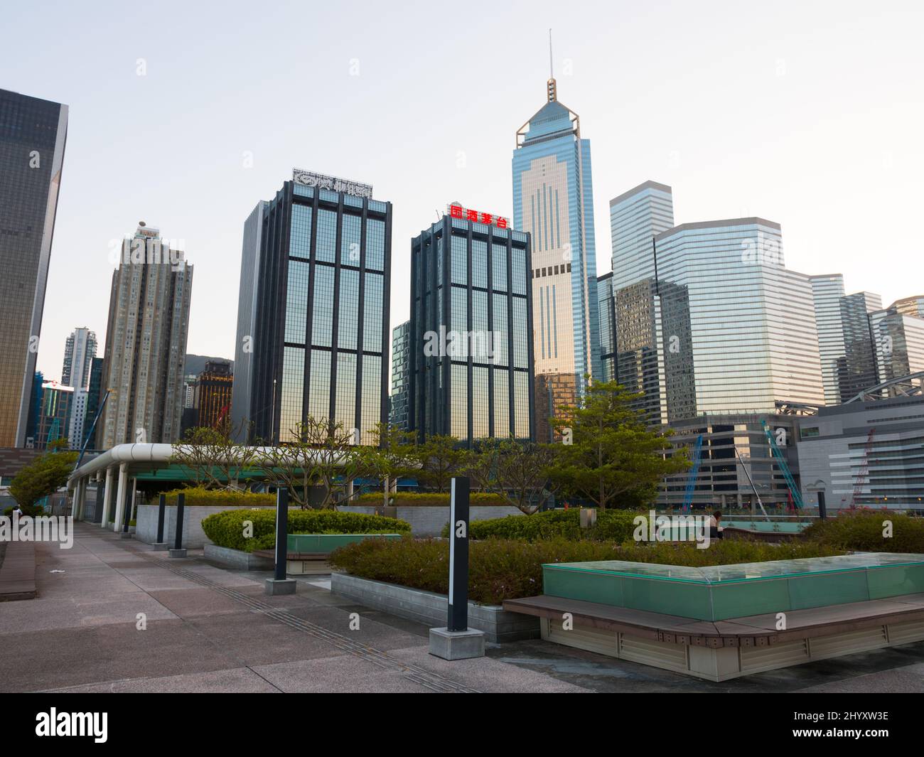 Hong Kong Island skyscrapers from the Wan Chai ferry pier. Daylight ...