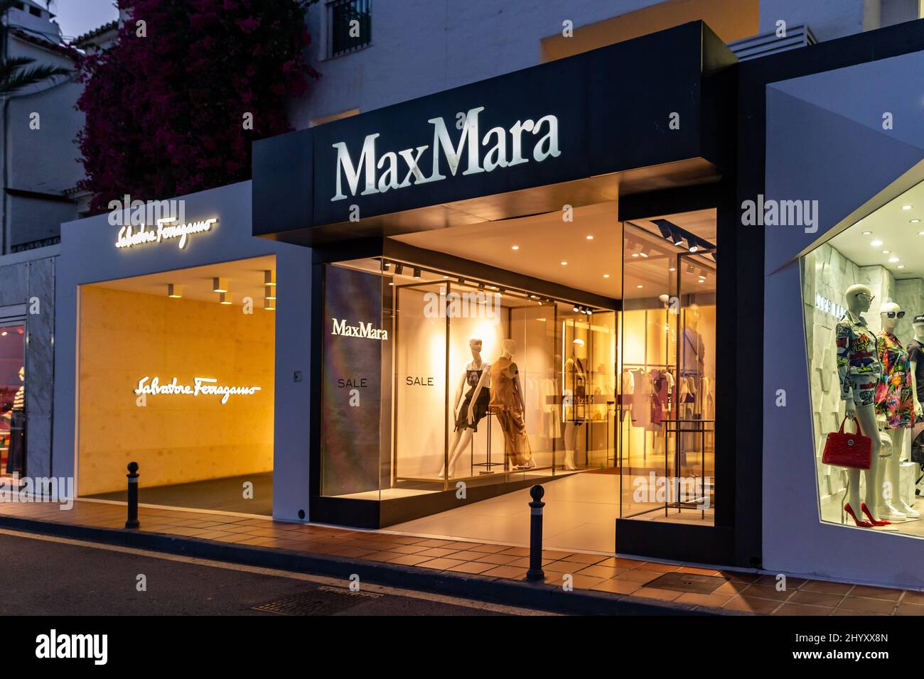 Night photography in luxury and famous location of Marbella -Puerto Banus Bay. View of Max Mara ...