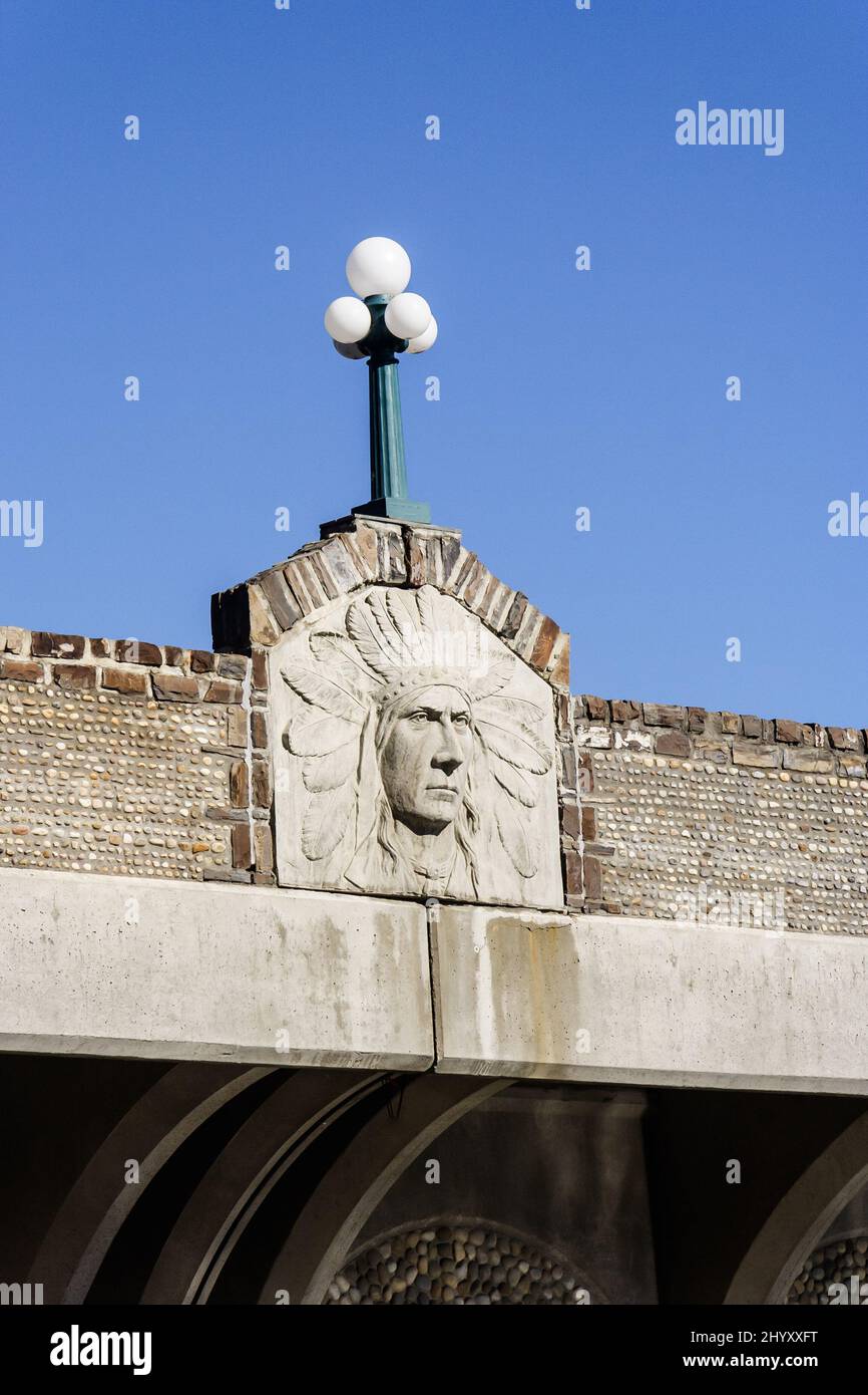 Detail of Bow River Bridge showing one of its First Nations faces in ...