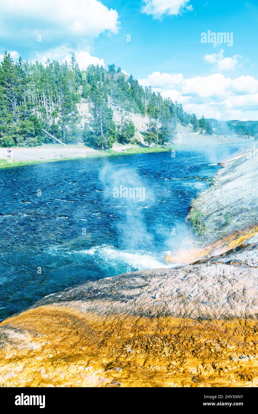 Firehole River in Yellowstone. Waterfalls of hot water Stock Photo - Alamy