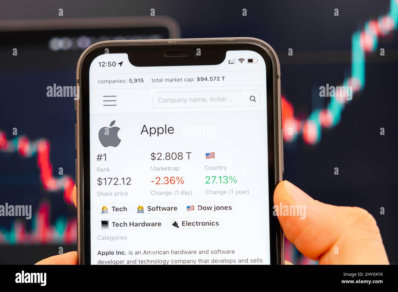 Apple logo of stock price on the screen of smartphone in mans hand with ...