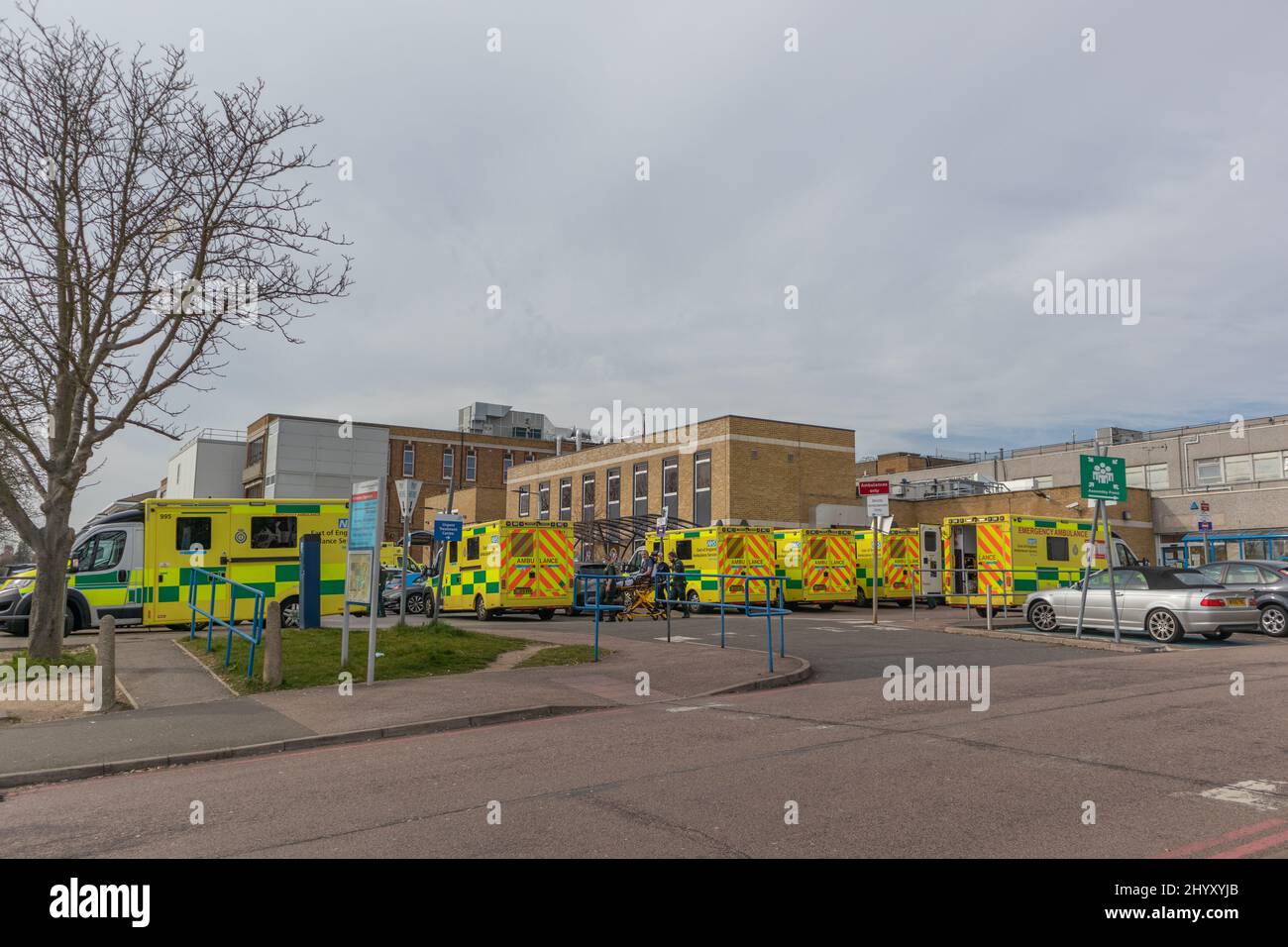 Southend on Sea, UK. 15th Mar, 2022. Ambulances wait outside Southend ... Southend on Sea, UK. 15th Mar, 2022. Ambulances wait outside Southend ...