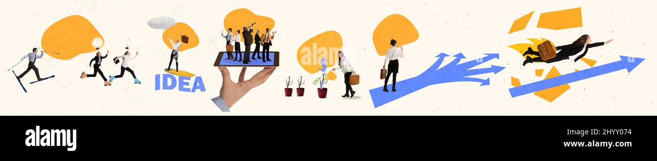 Creative design. Collage. Employees, business people working together ...