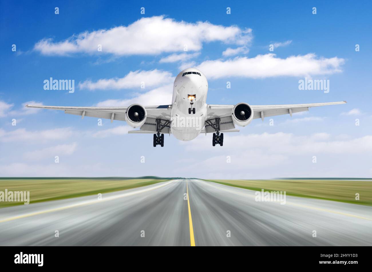 Big airplane aircraft flying departure landing speed motion on a runway ...