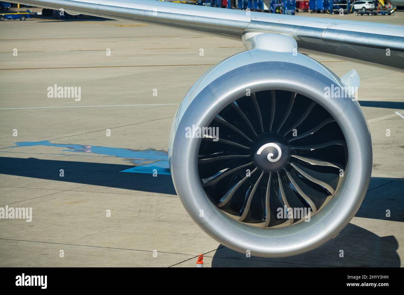 Aircraft engine. Airplane on a runway Stock Photo - Alamy
