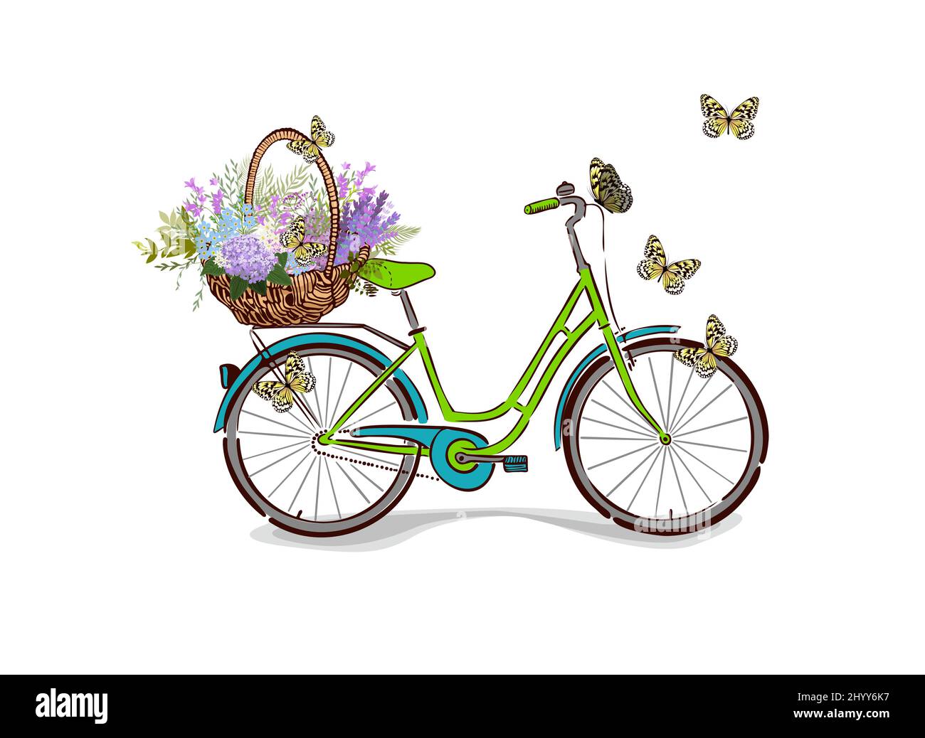 Road bike with butterflies and a basket of flowers . Vector ...