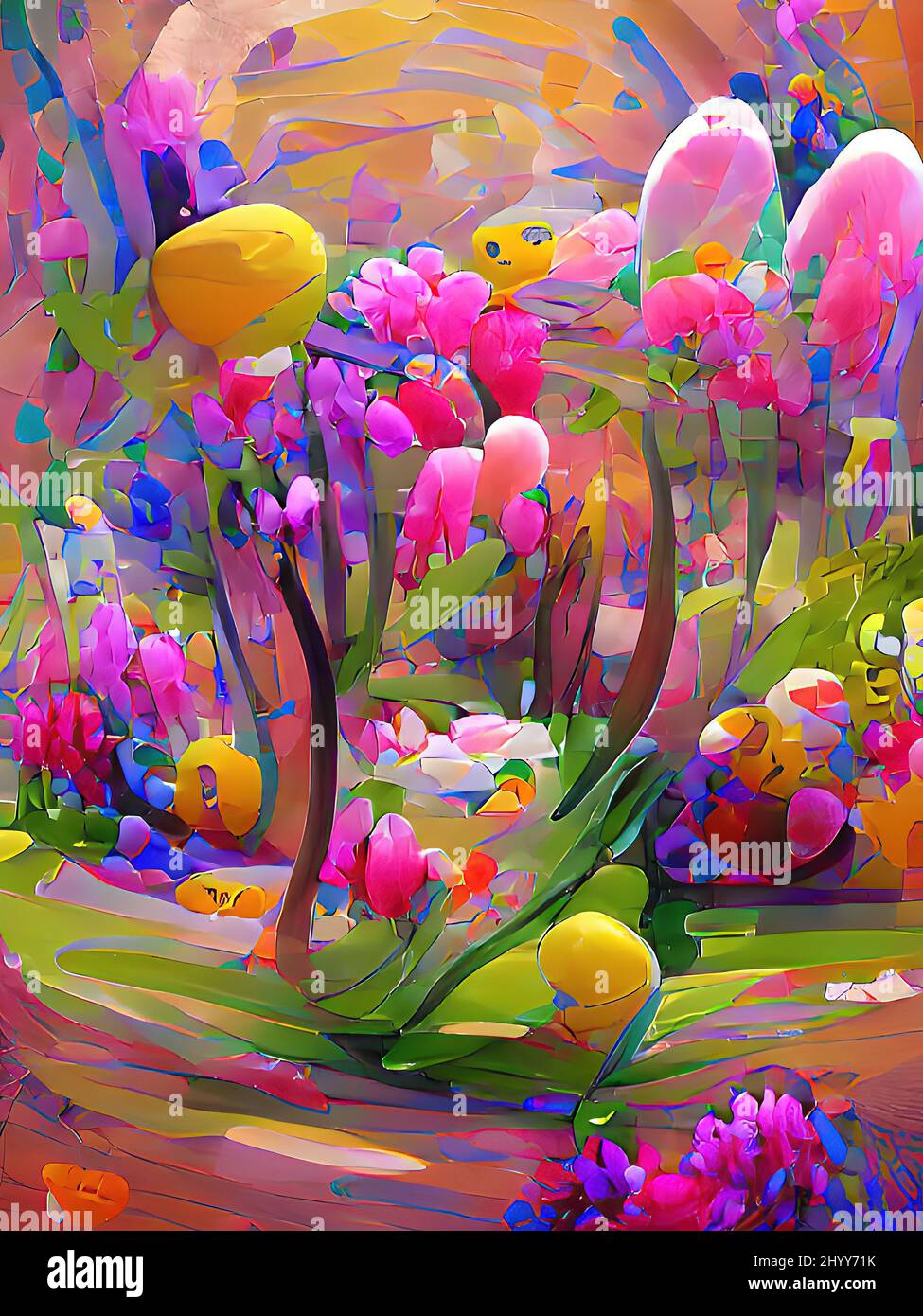 Easter painting with festive eggs and flowers Stock Photo - Alamy