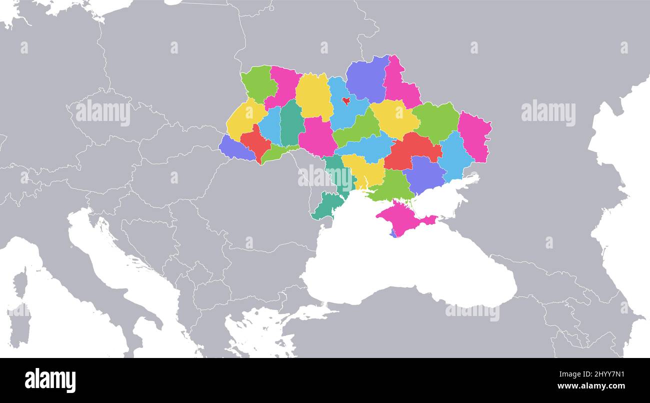 Ukraine map with individual regions colored and capital city, with ...