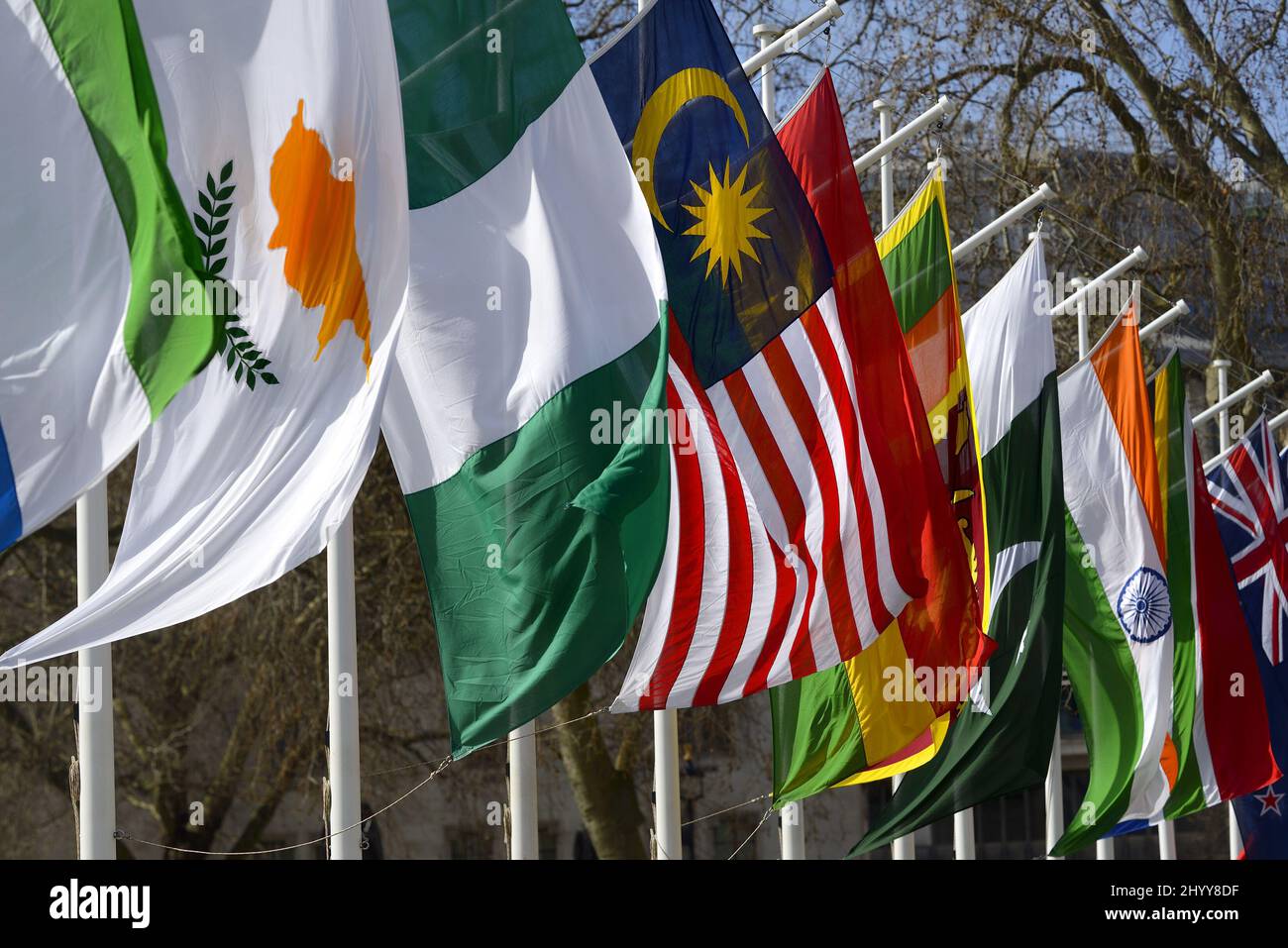 London, England, UK. Flags of Commonwealth countries around Parliament ...