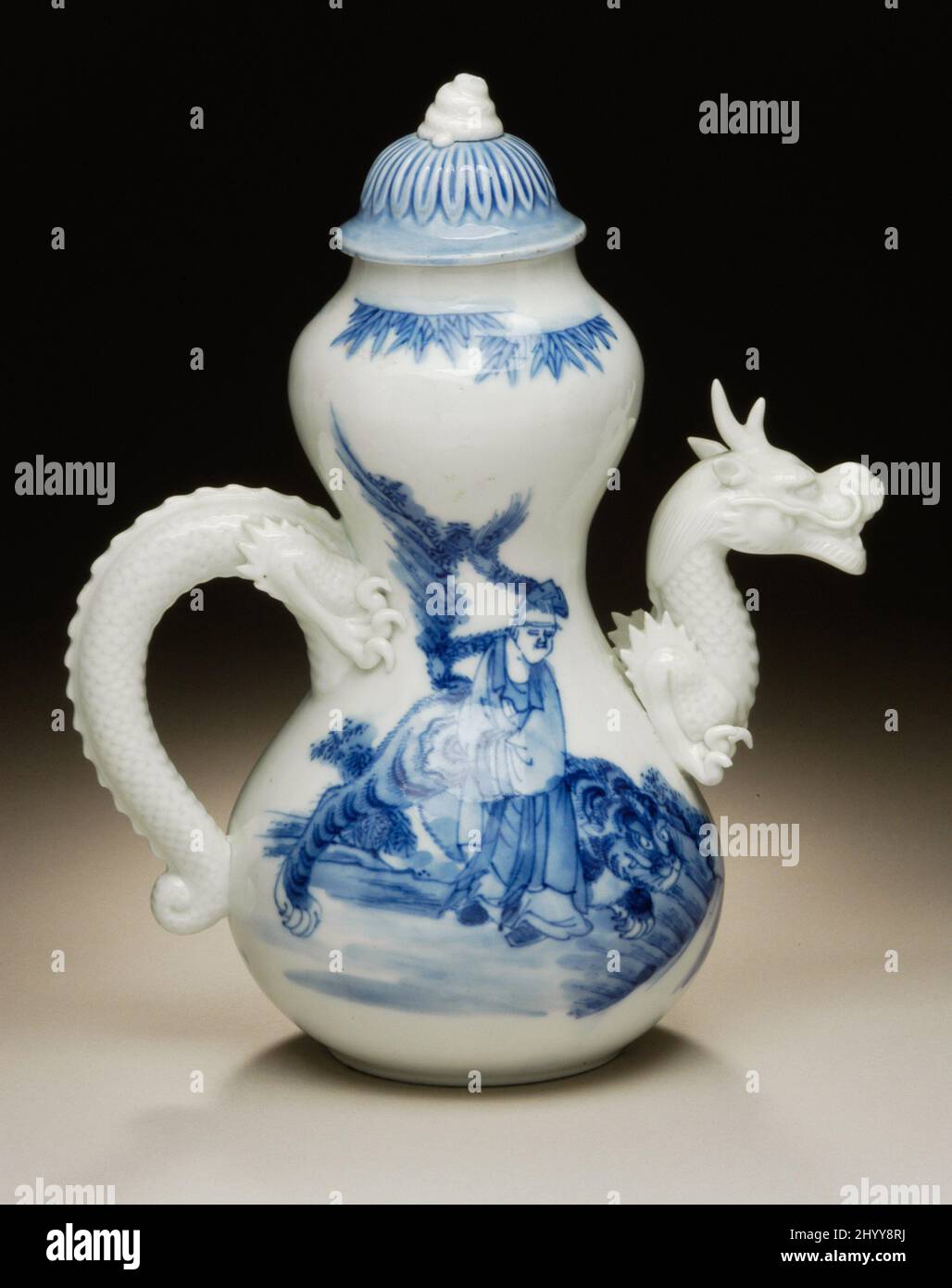 Sake Ewer with Fenggan and Tiger Design, Dragon Handle and Spout. Japan ...