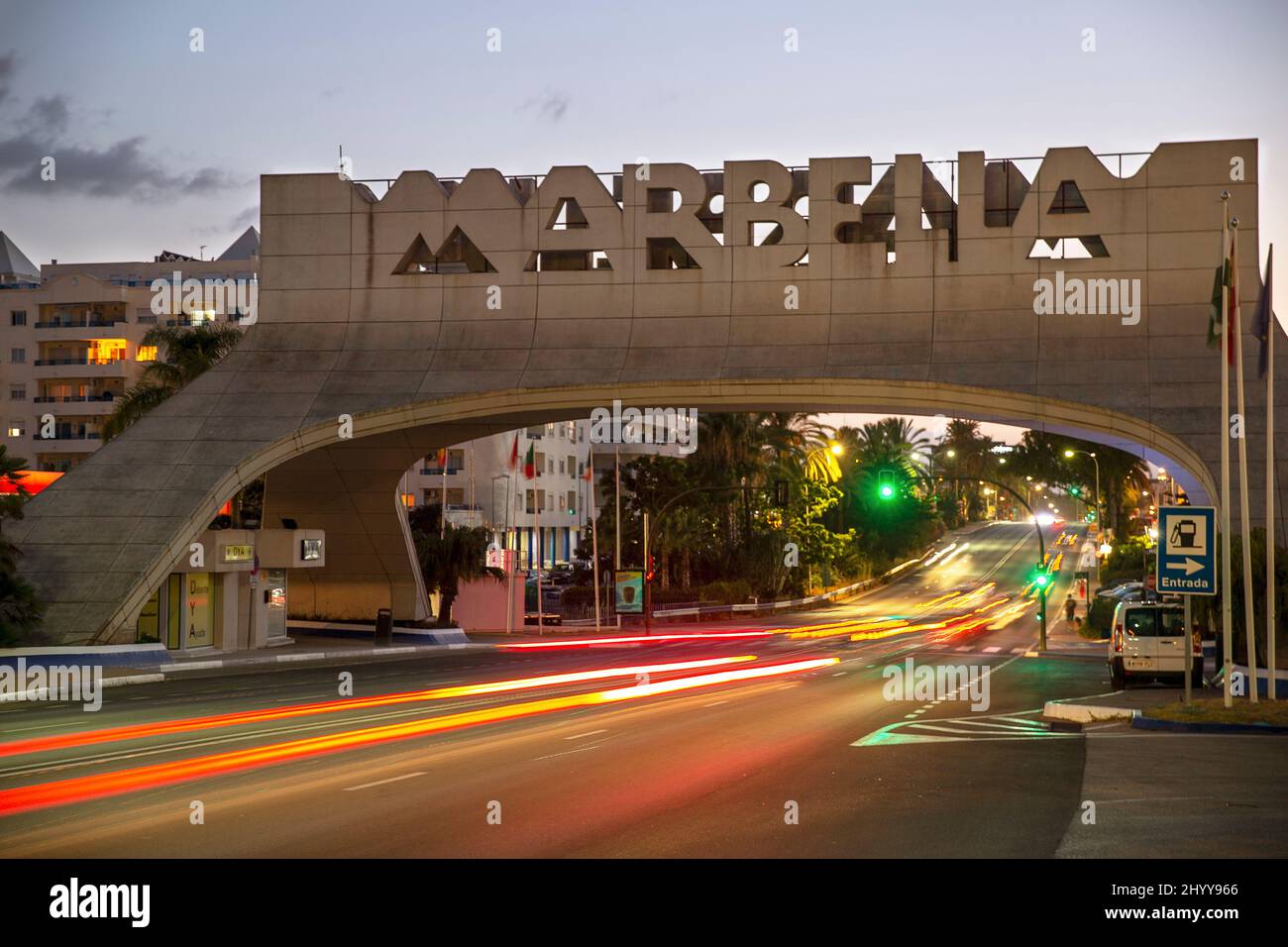 Entrance in Marbella city, famous and emblematic sign, arch , night ...
