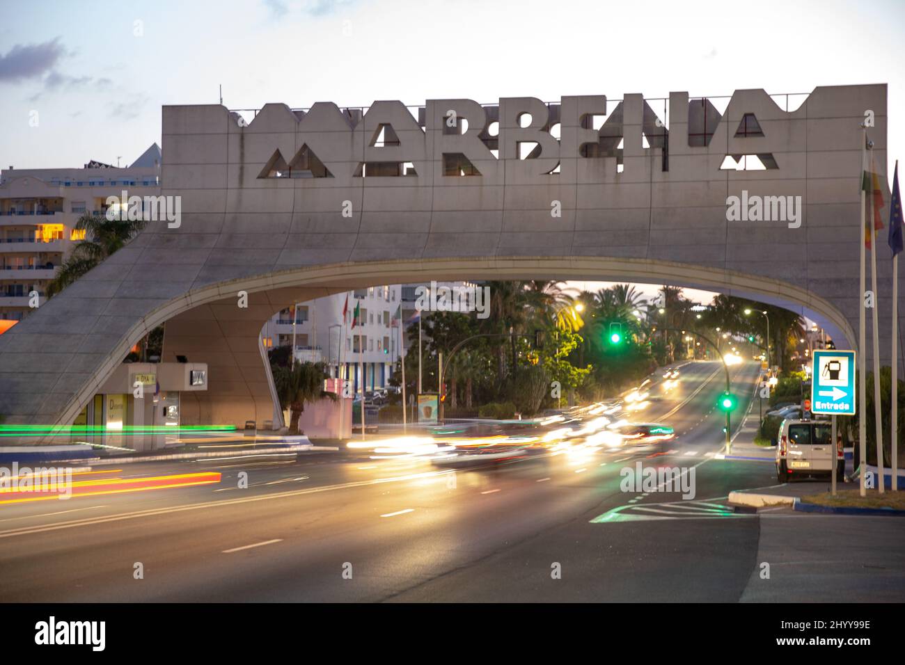 Entrance in Marbella city, famous and emblematic sign, arch , night ...