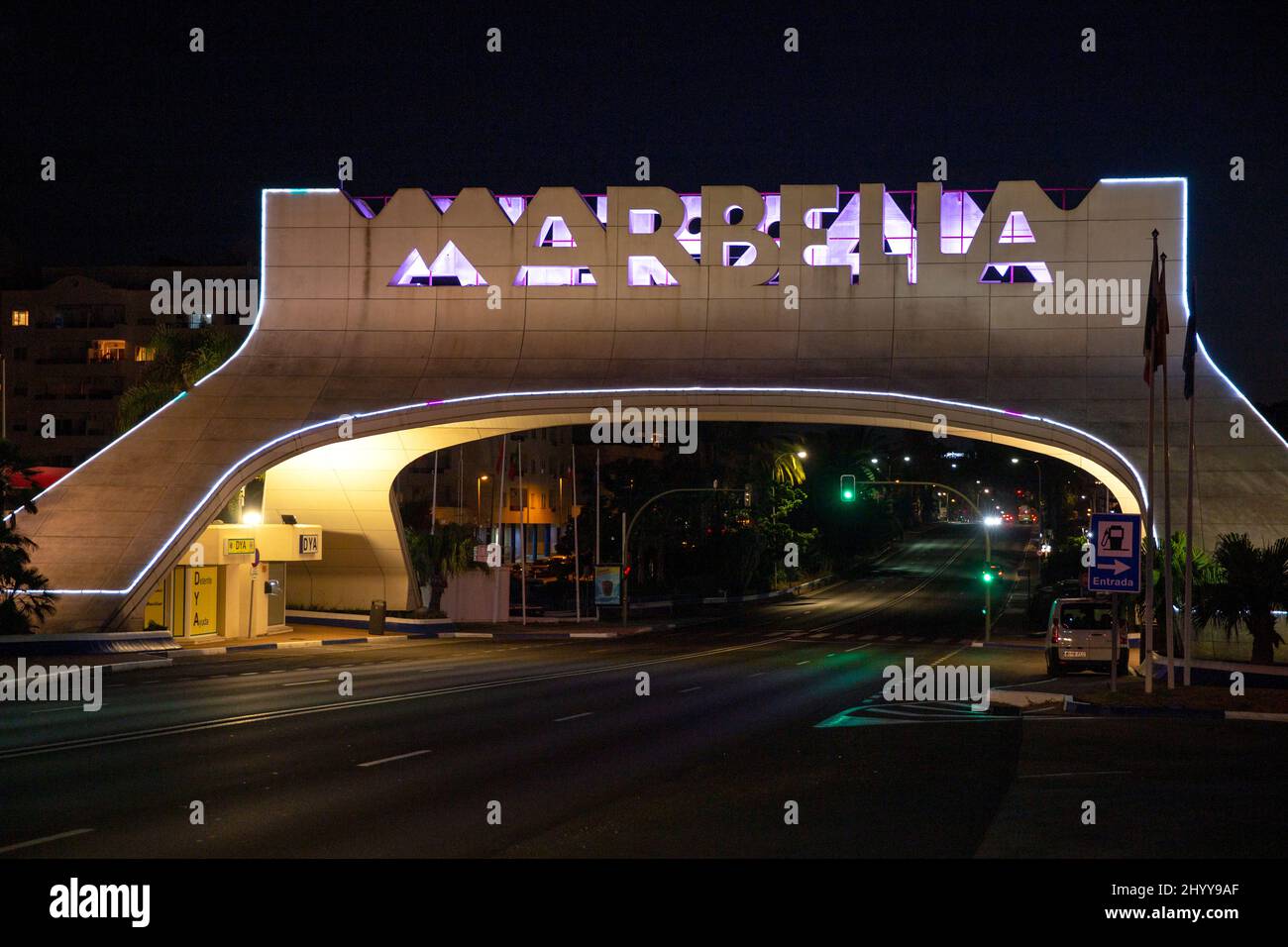 Entrance in Marbella city, famous and emblematic sign, arch , night ...
