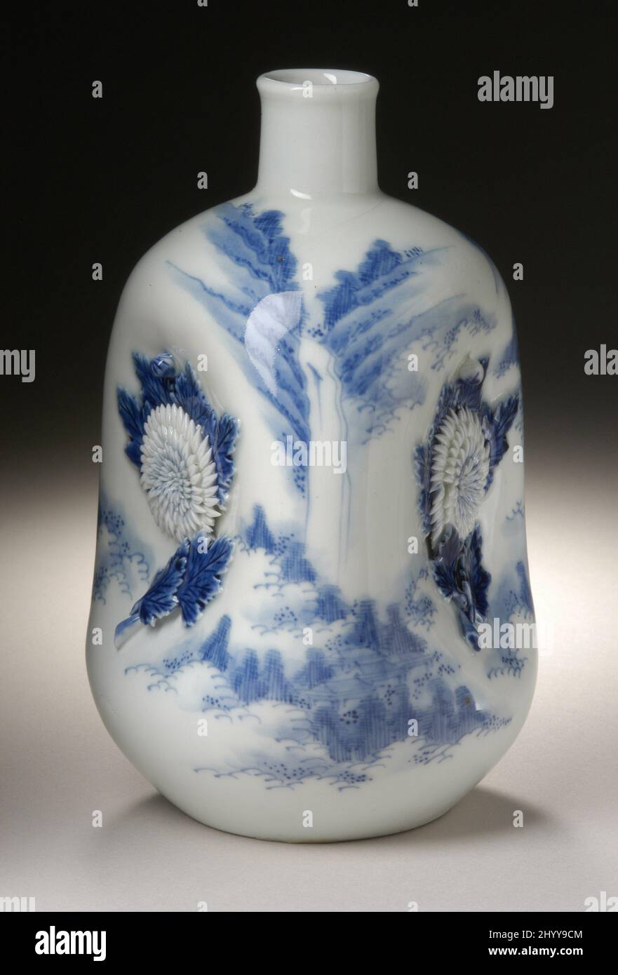 Sake Bottle with Landscape and Raised Chrysanthemums. Japan, late 19th ...