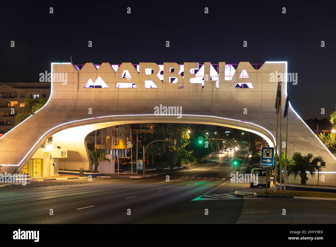 Entrance in Marbella city, famous and emblematic sign, arch , night ...