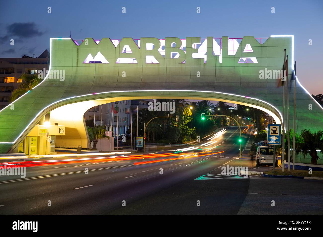 Entrance in Marbella city, famous and emblematic sign, arch , night ...