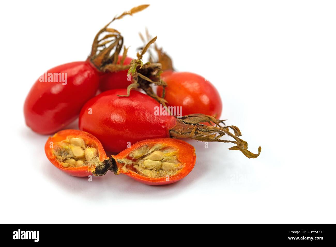 Ripe rose hips isolated against white background Stock Photo - Alamy