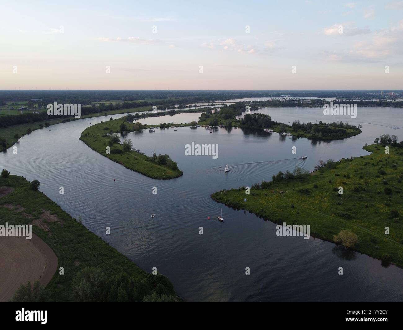 Beautiful aerial view of small green lands in the Volga Lake Stock ...