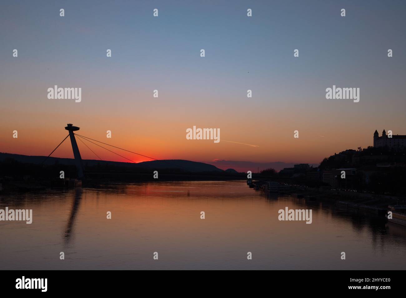 Ufo Bridge (Most SNP) at sunset seen from the old bridge in Bratislava ...