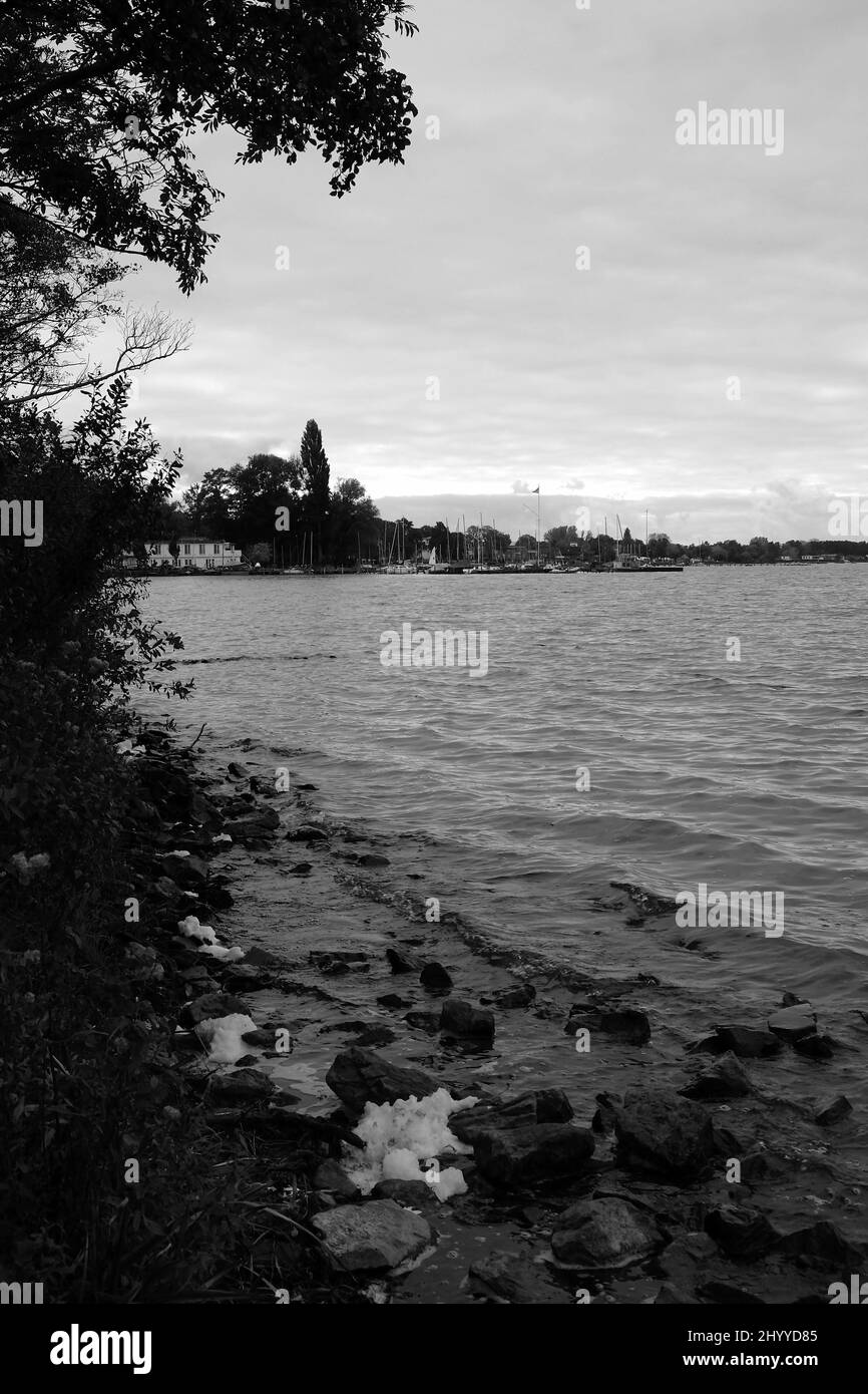 Greyscale shot a coast of a lake Stock Photo - Alamy