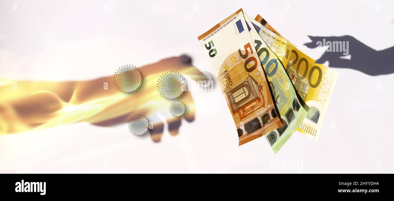 3D rendering of 2 arms and paper money between them on a white ...